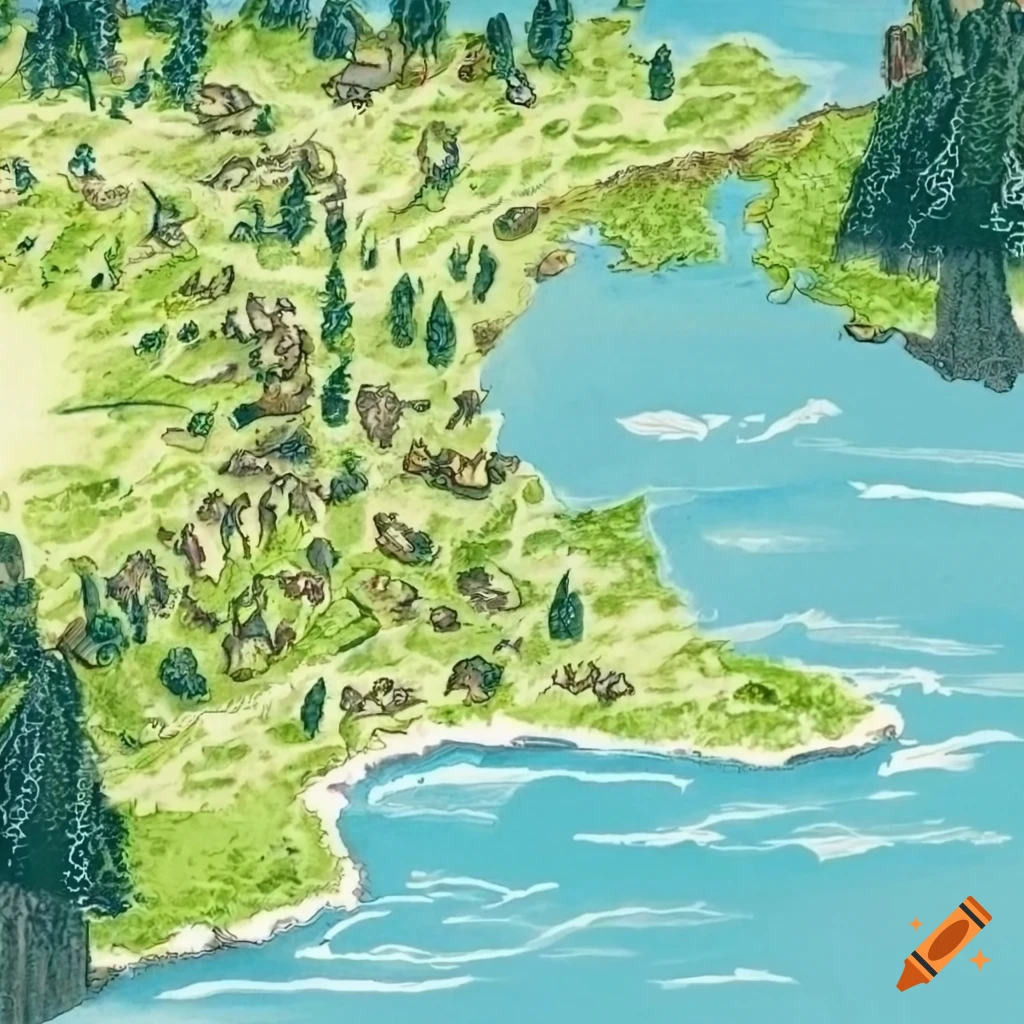 Fantasy map with many cities and hills and trees and rivers and lakes ...