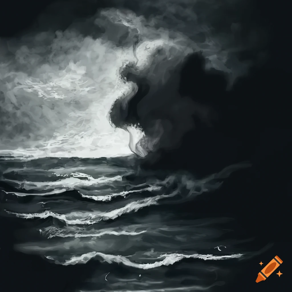 A lost overvoard sailor struggling in the sea, stormy sea, dark ...