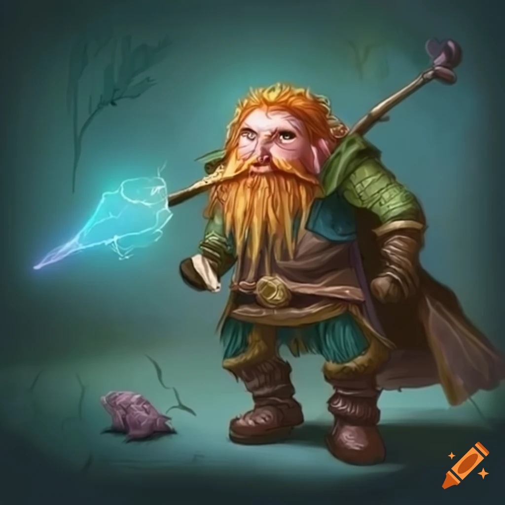 A brave dwarf conjuring a magical arrow in an enchanted land on Craiyon