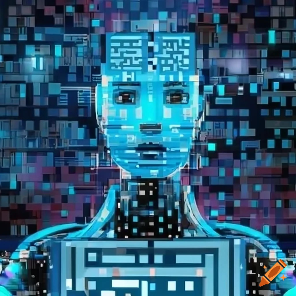 Blue qr code with futuristic humanoid ai elements on Craiyon