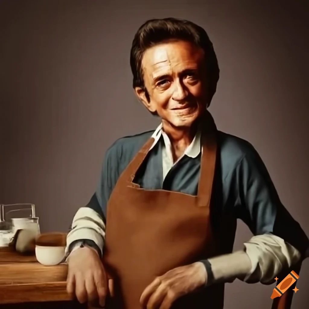 Johnny cash, leaning on a counter with a brown apron on, smiling on Craiyon
