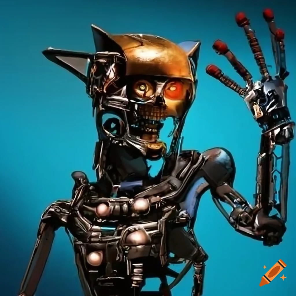 A calico cat wearing a terminator exoskeleton, art