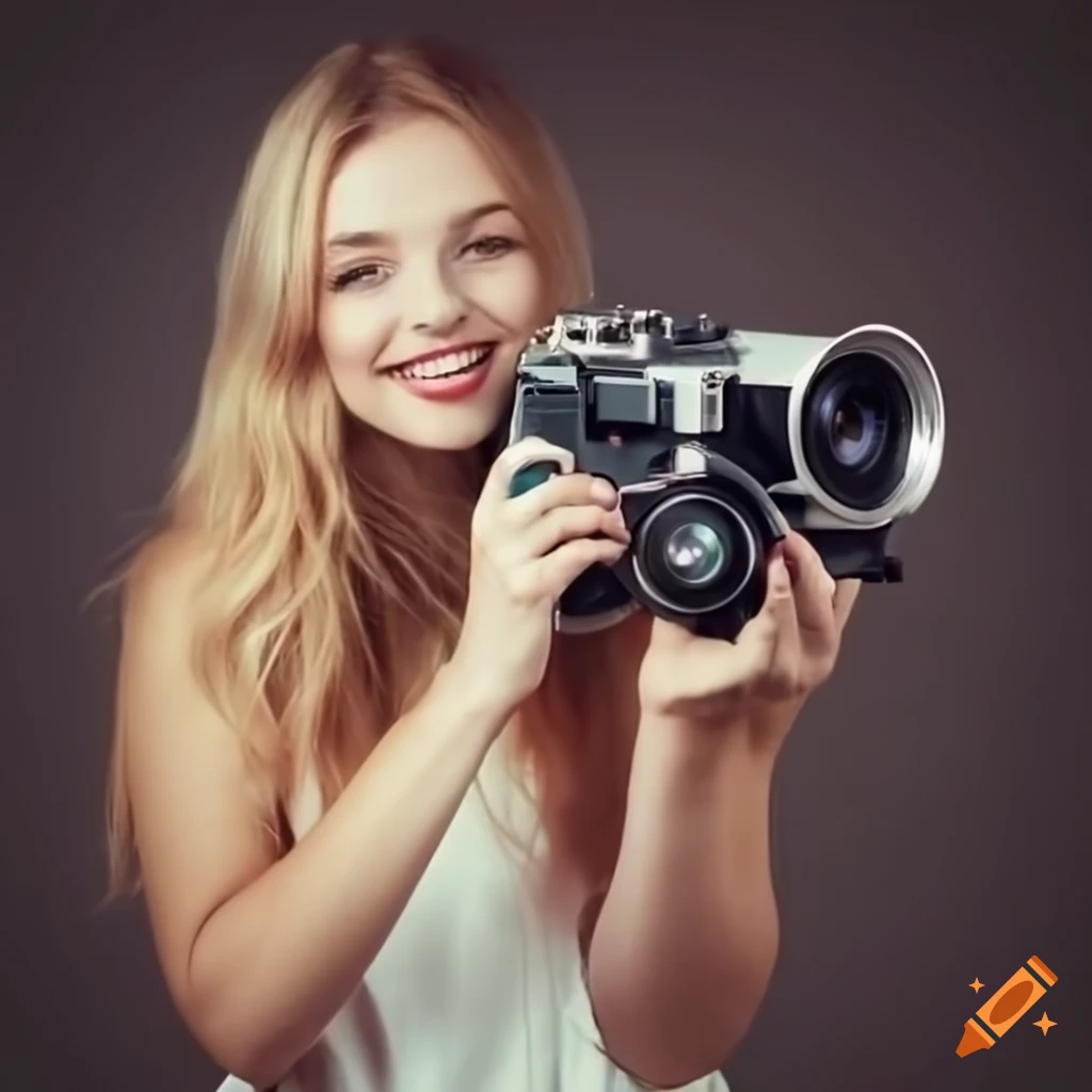 Smiling woman with blonde hair holding a vintage camera