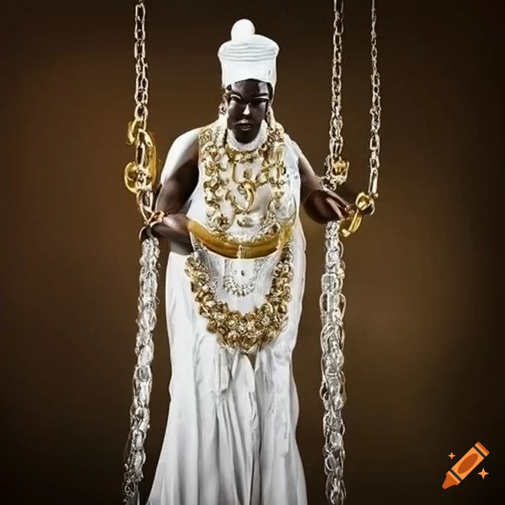 God Obatala wear white clothes tall with huge body chain arraund body ...