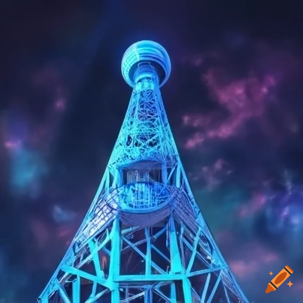 Fantasy radio tower projecting blue radiation in a forest and ...