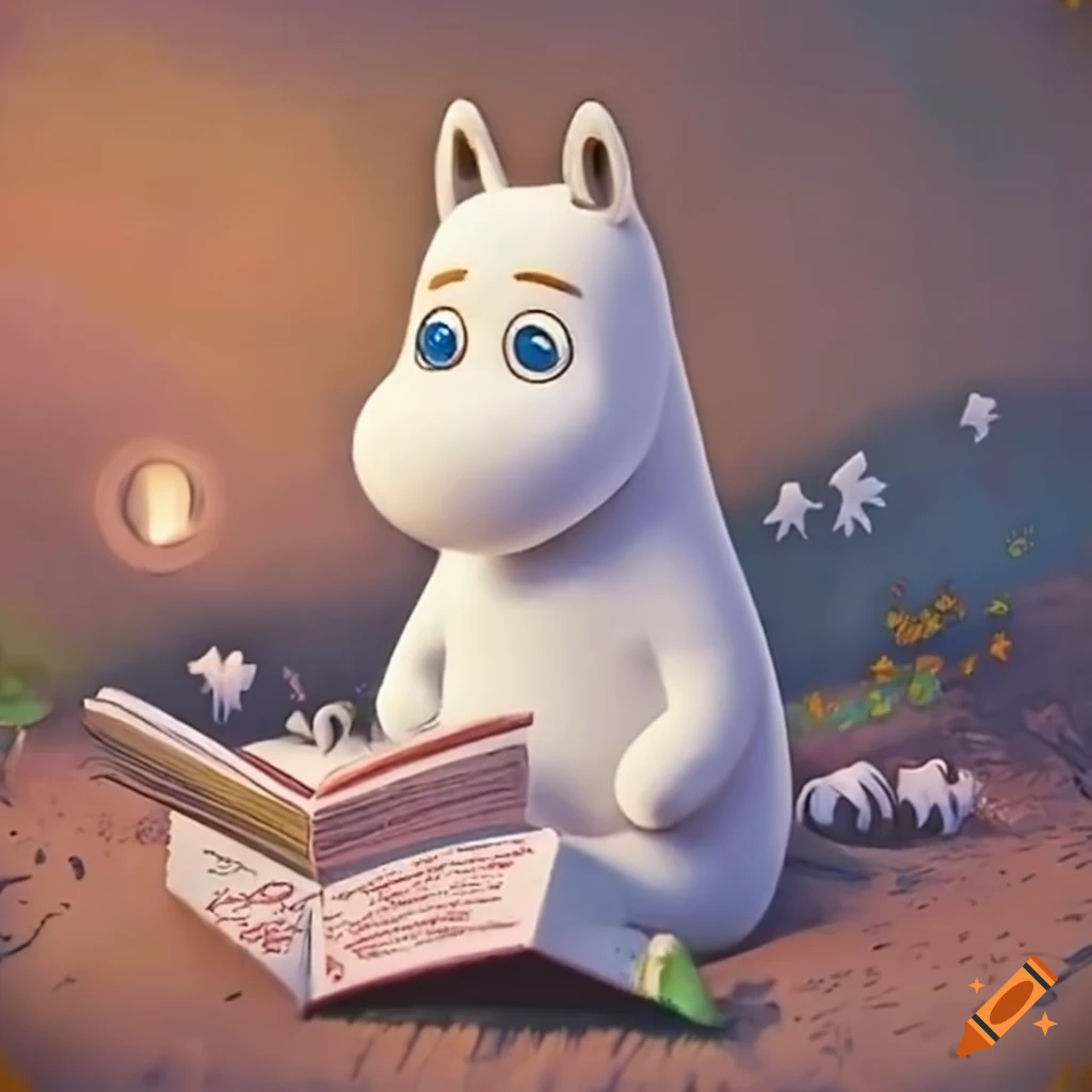 Moomin reading a challenging book with a happy expression