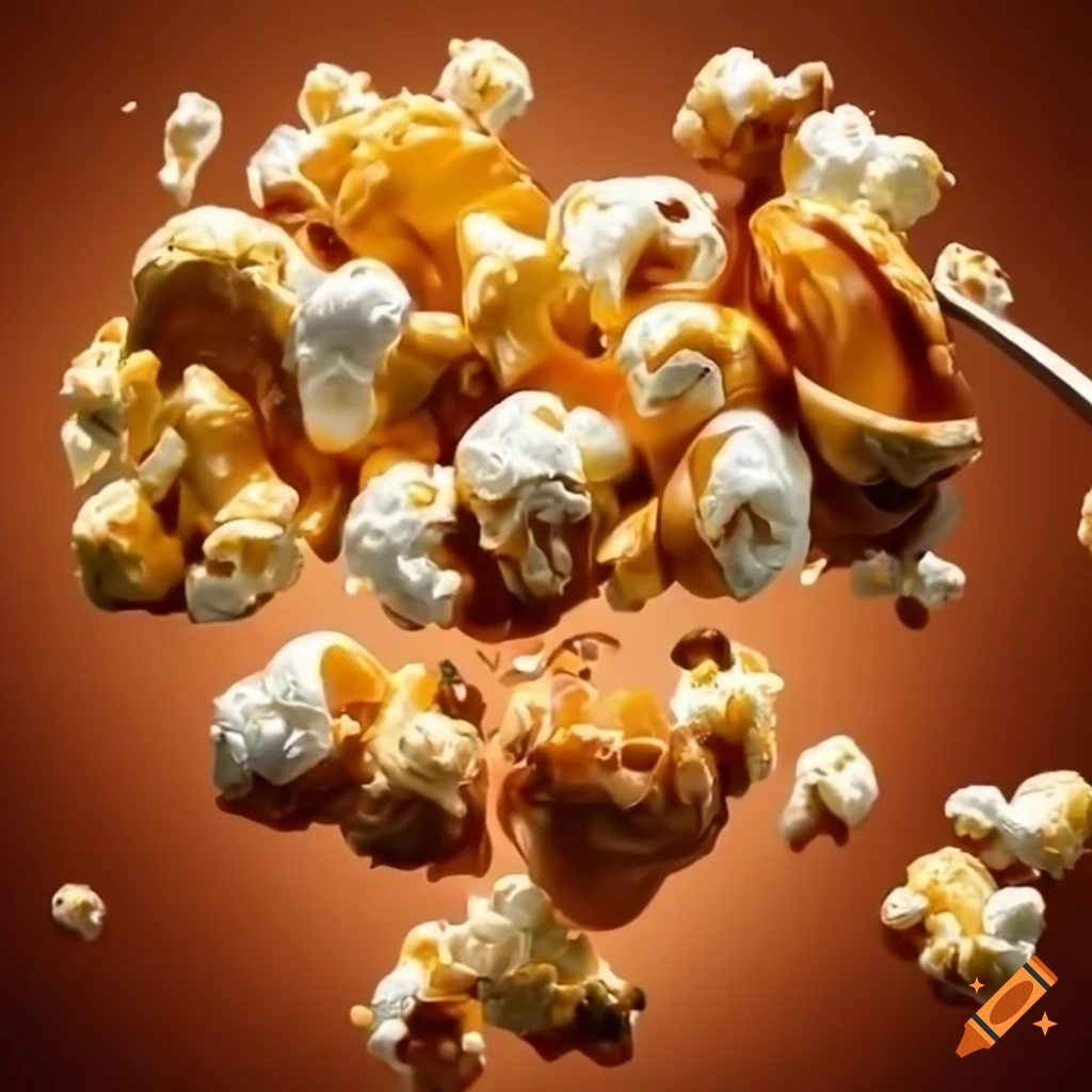 Flying poping popcorn, splash caramel,melted butter