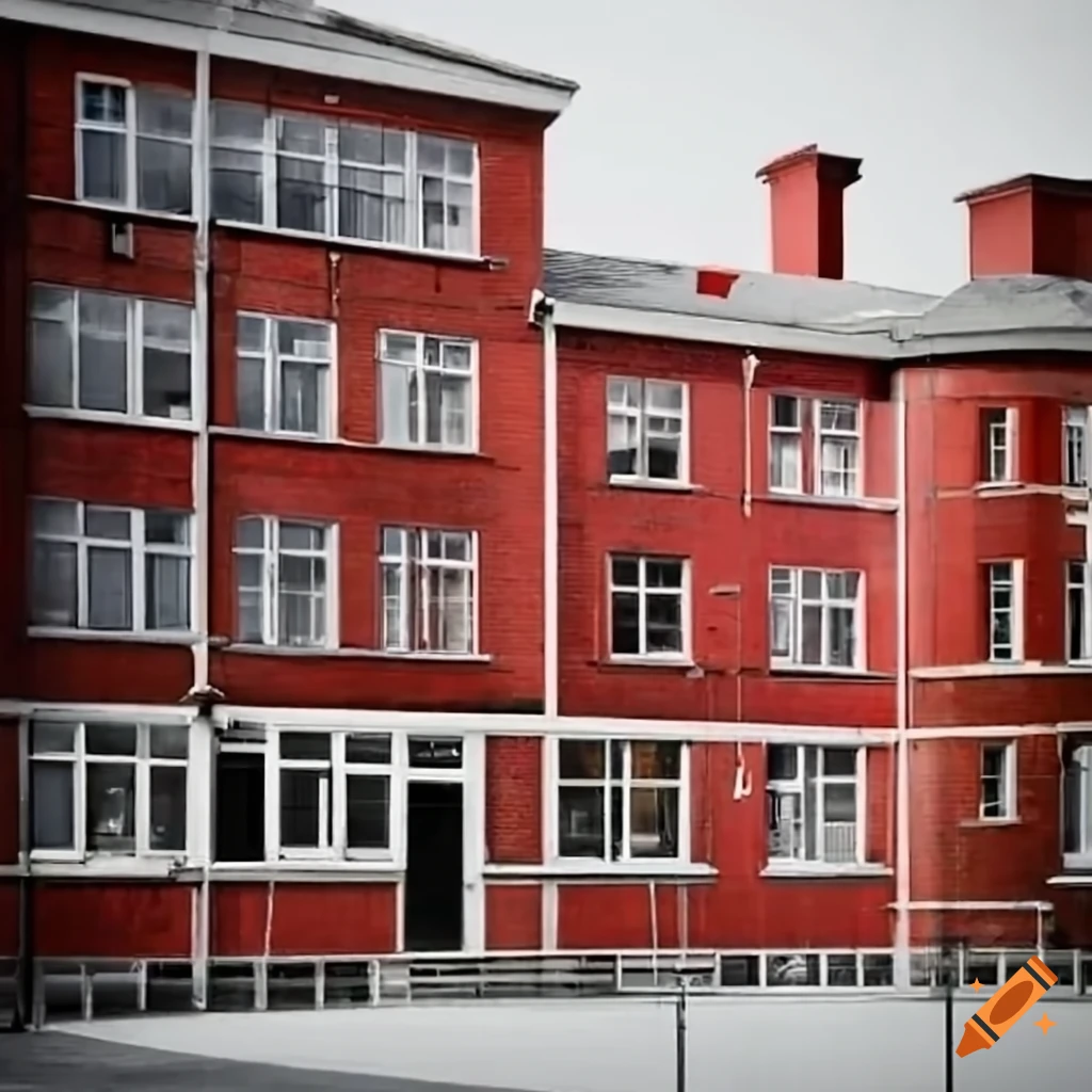 Grey and brown with a small bit of red two storey school buildings with ...