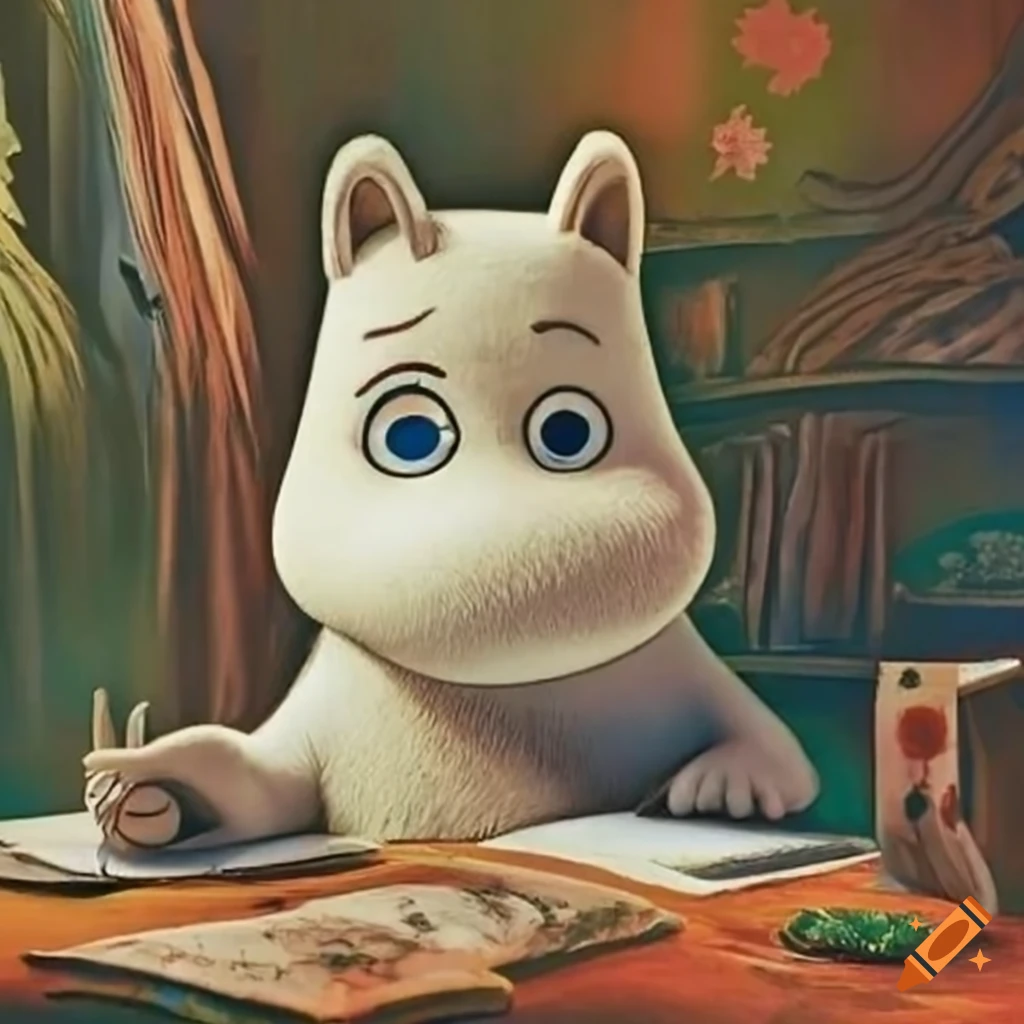 Moomin struggling with a complex book, looking puzzled