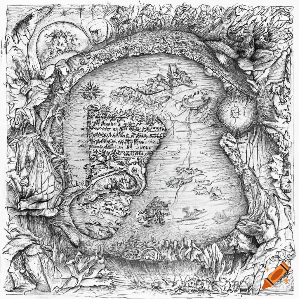 Detailed pencil sketch of an enchanted forest map