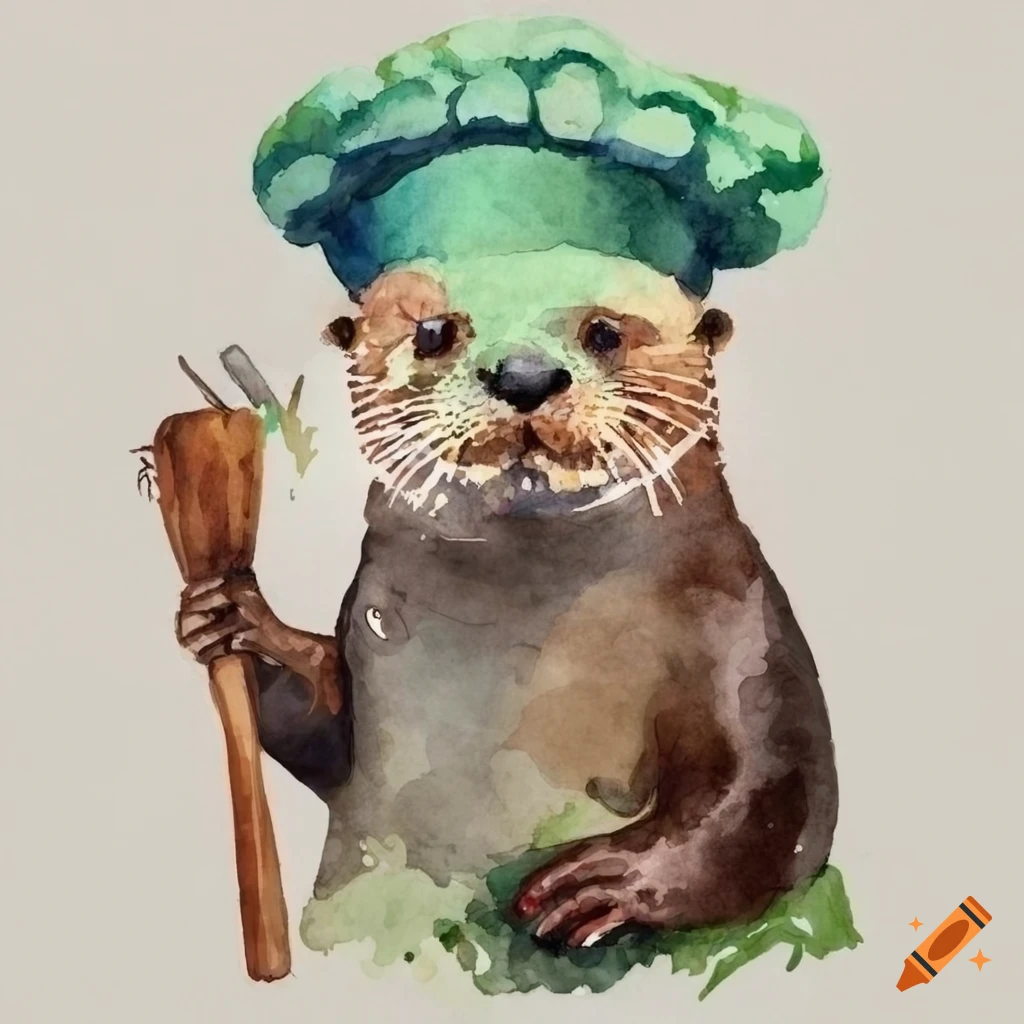 Watercolor portrait of an otter wearing a cooking head holding kitchen ...