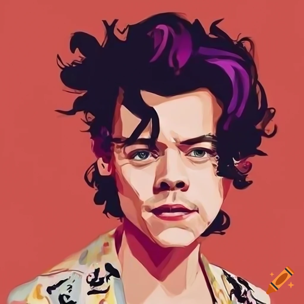 Harry styles portrait, bold contour, vibrant colors, uniform background