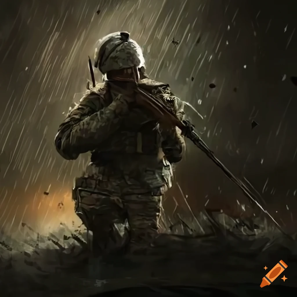A soldier finding solace in the rain after a battle