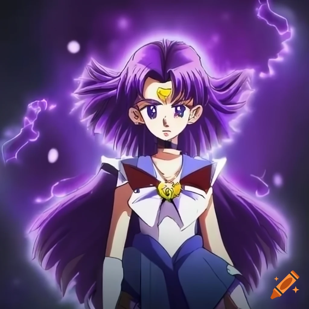 Sailor Saturn with short purple wavy SSJ hair and a powerful glowing ...