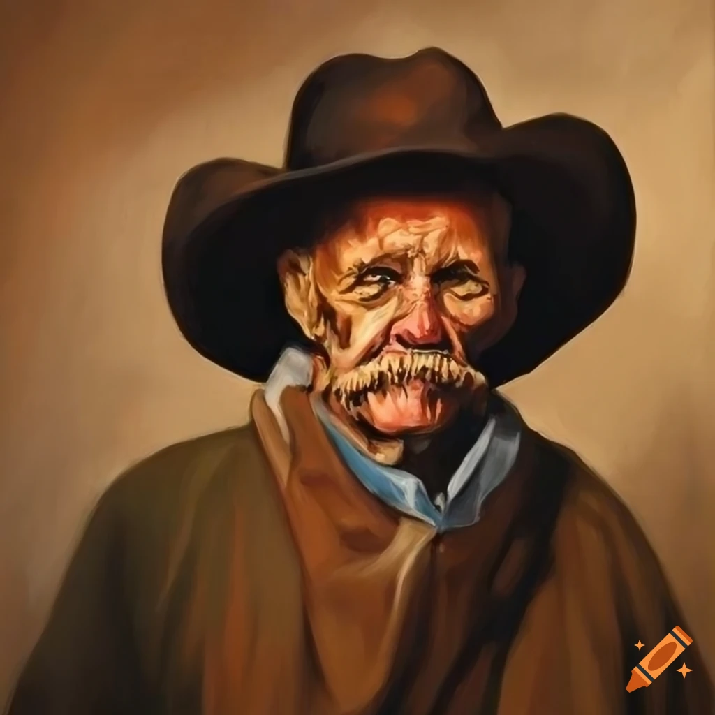 Painting of a portrait of a wrinkly face cowboy