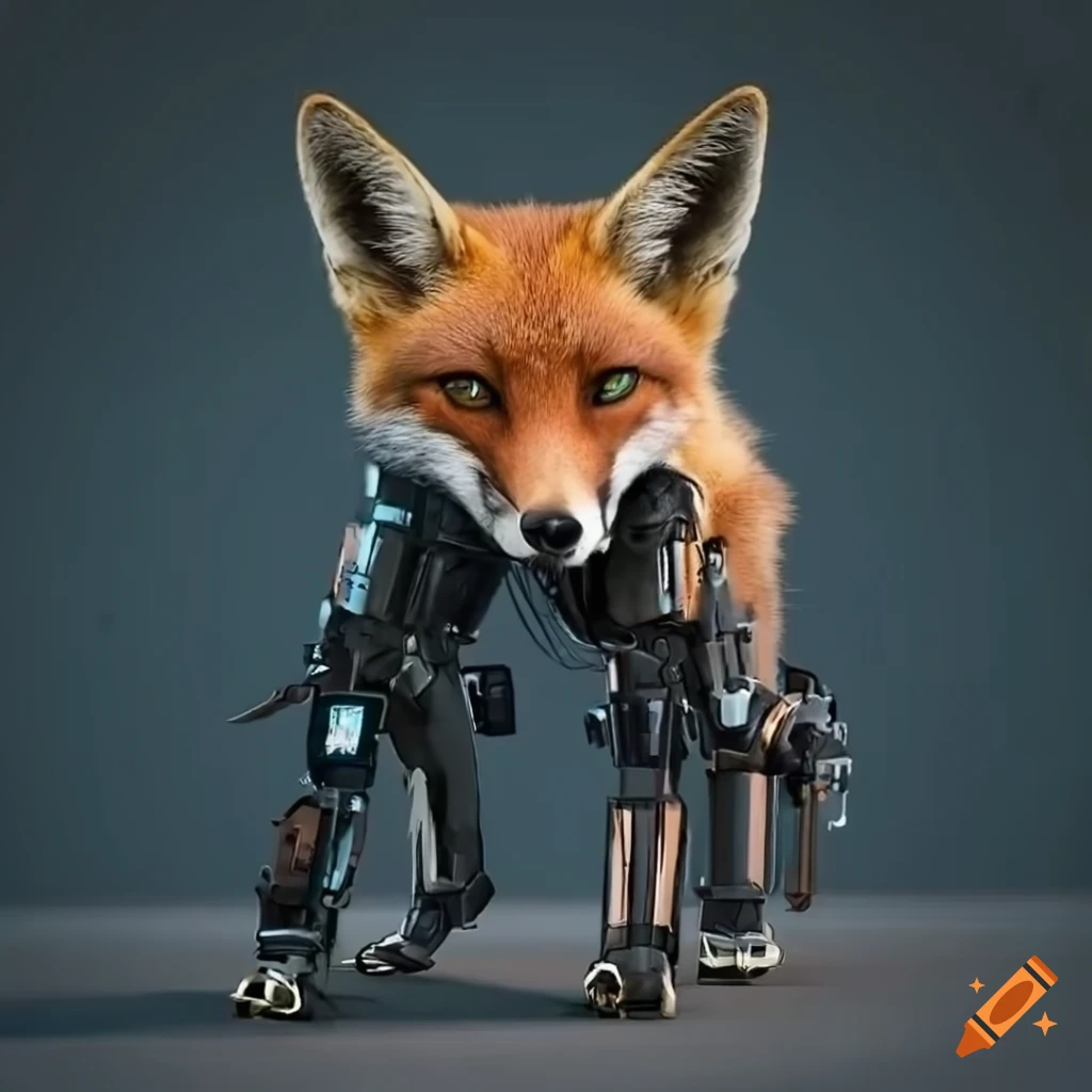 Fox wearing a high-tech exoskeleton suit, full body angle on Craiyon