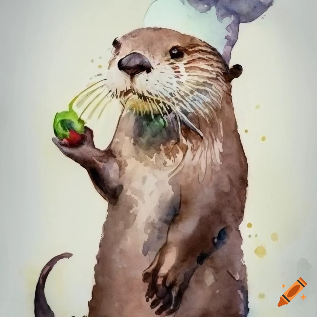 Watercolor portrait of an otter wearing a cooking head holding kitchen ...