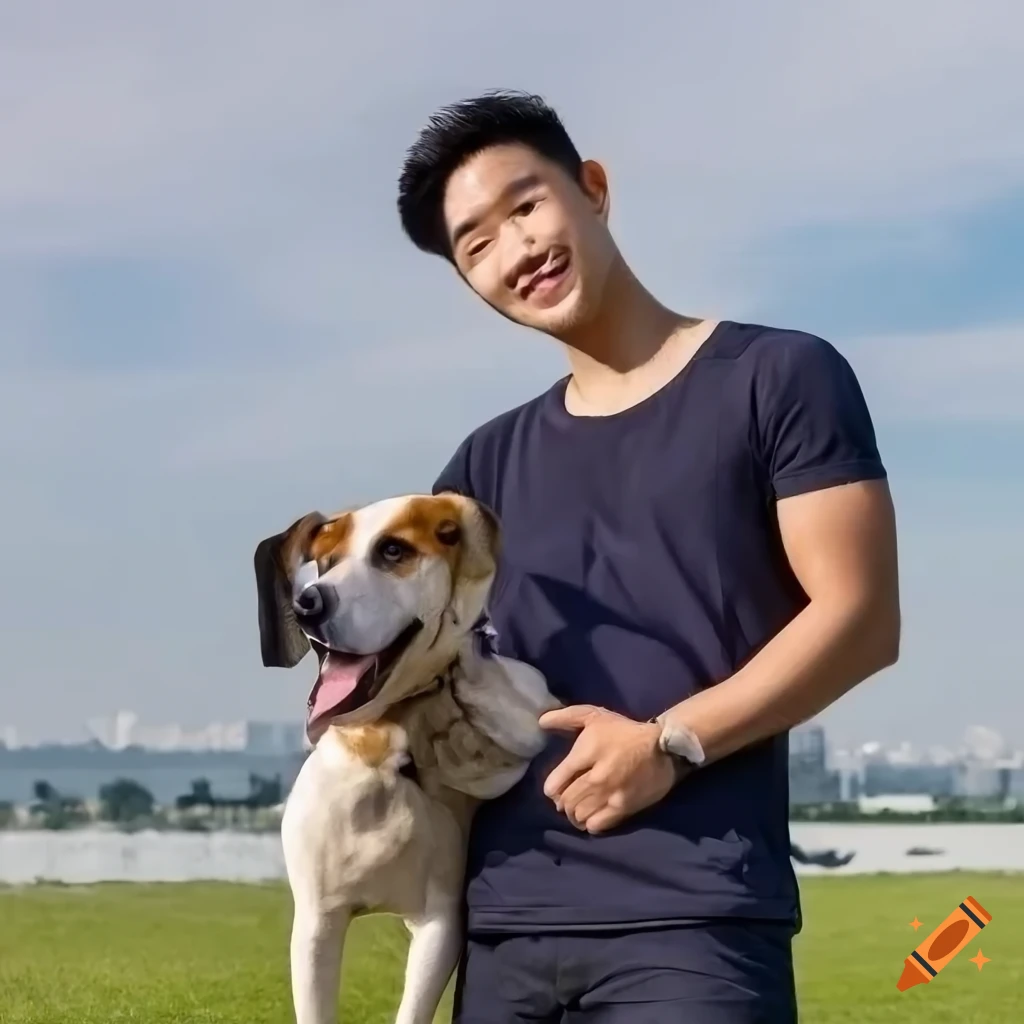 Handsome young asian guy holding dog from distant outdoor background