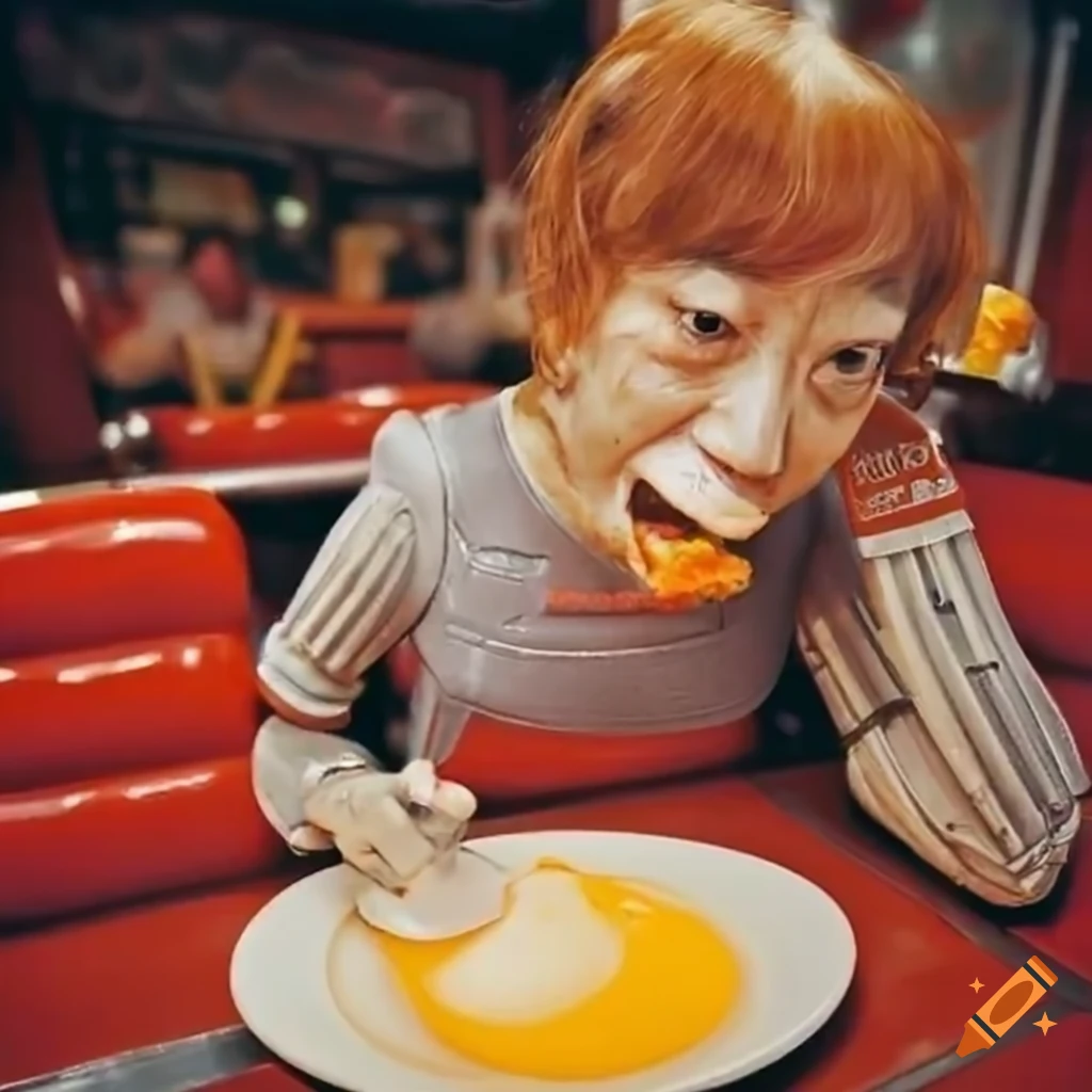 Robot eating egg foo young in diner. 1980s style photograph on Craiyon