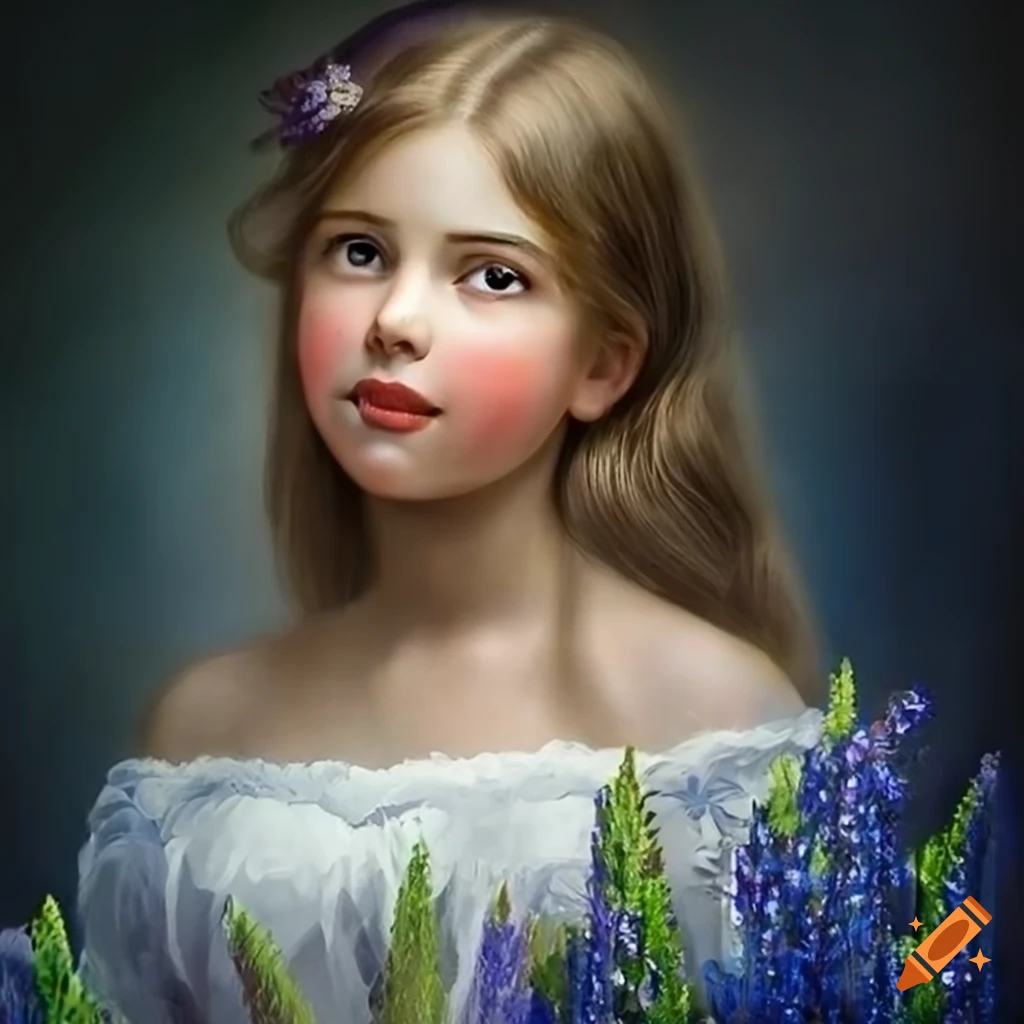 Victorian portrait of a girl with lupine flowers beautifully drawn ...