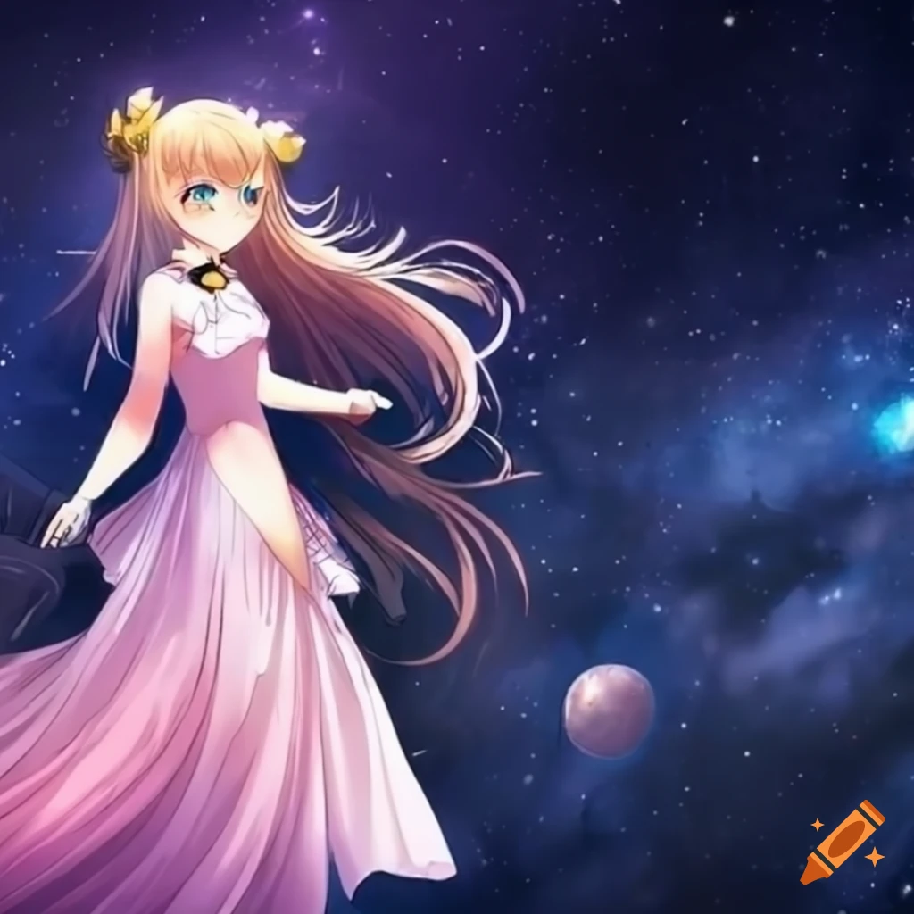 Cute anime girl who is a space princess, looking at her space castle