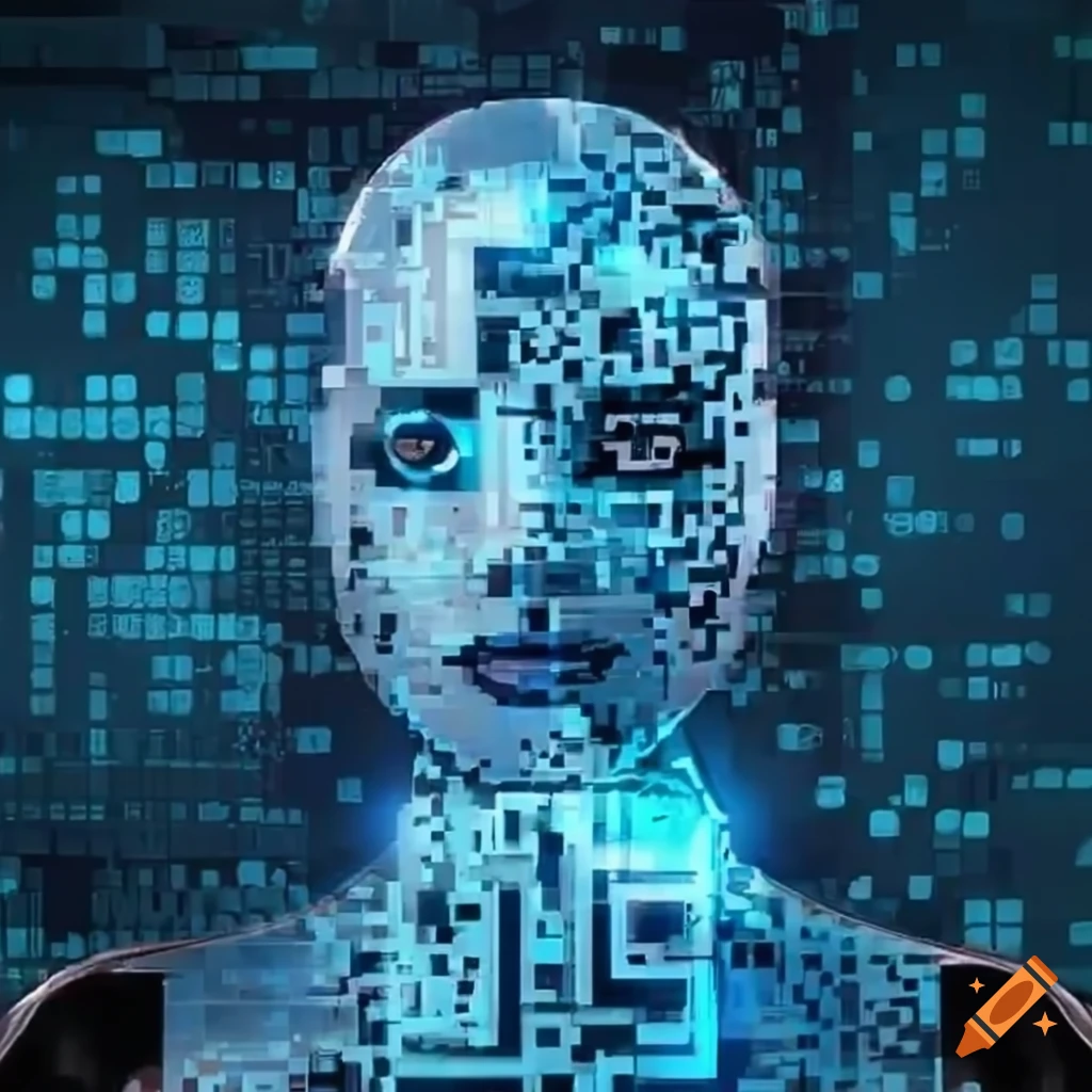 Blue qr code with futuristic humanoid ai elements