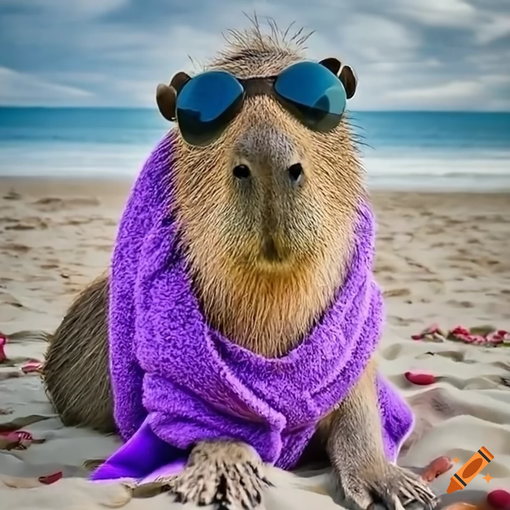 Capybara wearing sunglasses and chilling at the beach on a purple towel ...