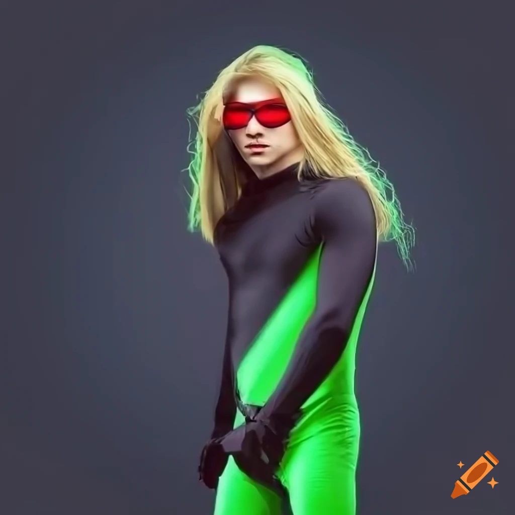 Young pretty male with very long floppy blond hair, wearing red tinted ...