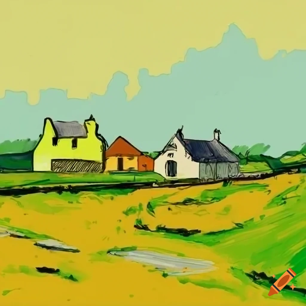 Simplistic landscape sketch of an irish village
