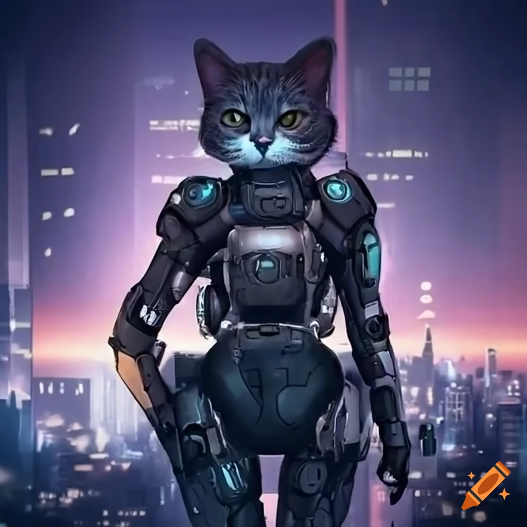 A futuristic cat in a high-tech exoskeleton suit, exploring the city on ...