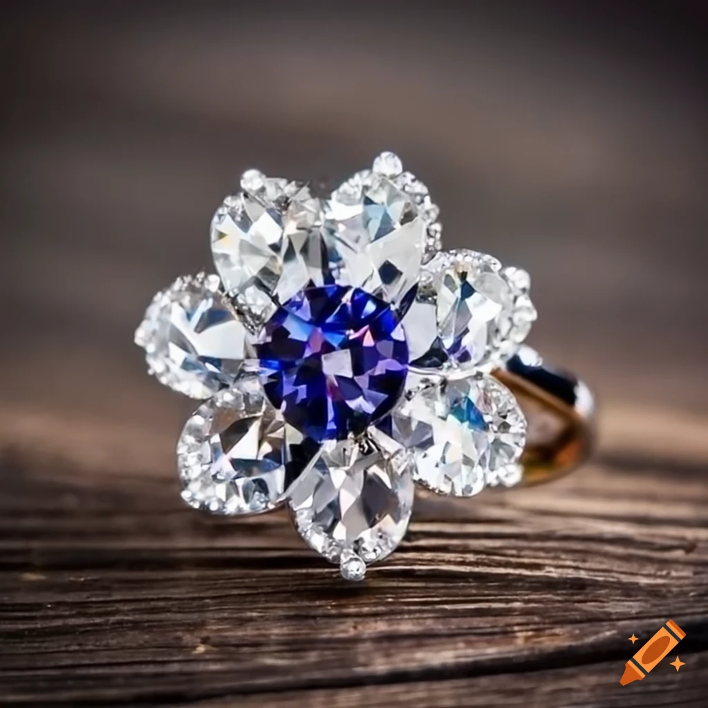Professional close up photograph of a flower crystal ring