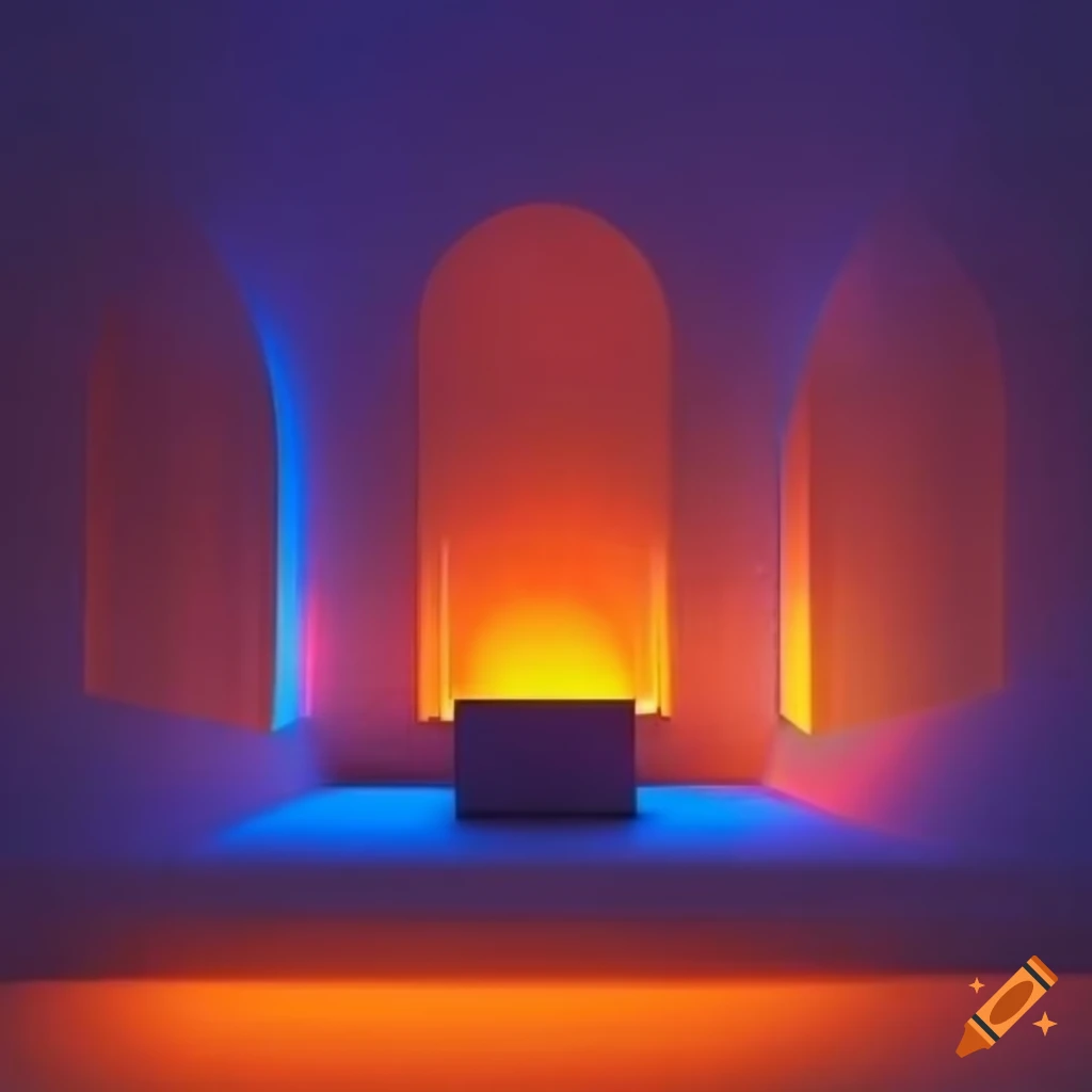Bold architectural design with dynamic orange and blue lighting effects