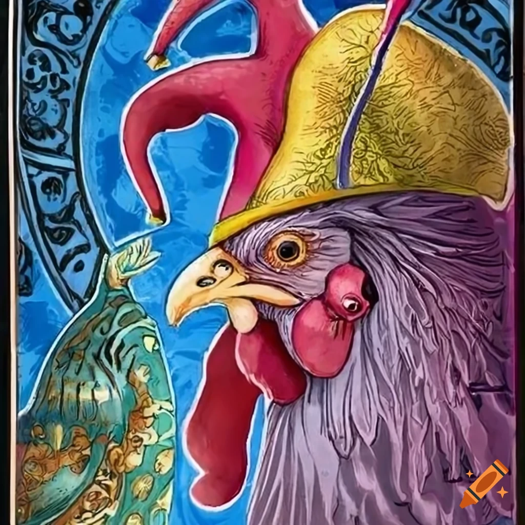 Pretty tarot card depicting a chicken wearing a jester hat