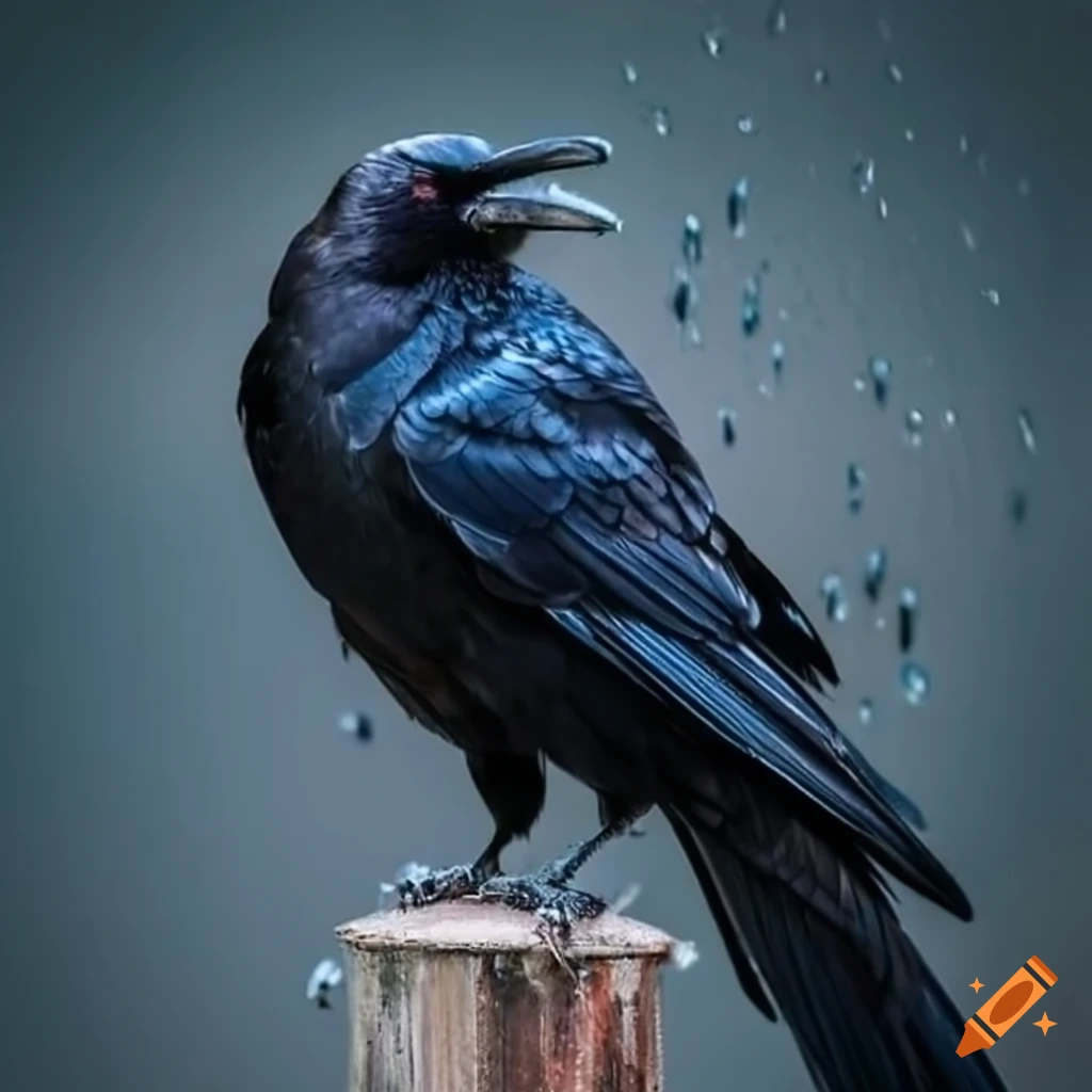 Metallic raven on a rainy pole with a striking red eye japan on Craiyon