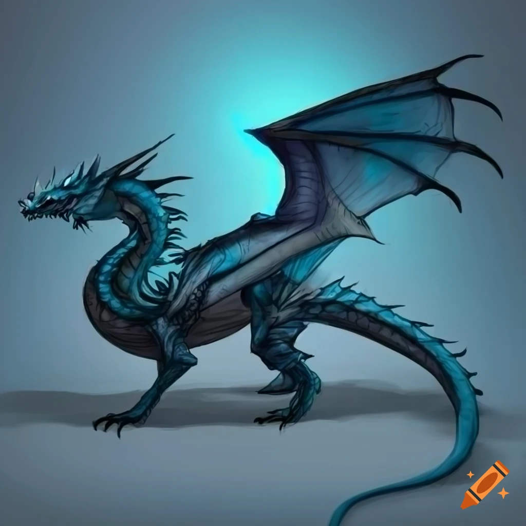 Dragon concept design, full body blue and cyan coloured, side view