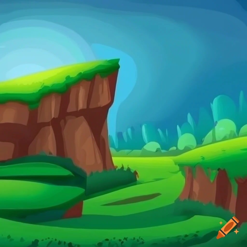 Cartoon 2d game background grass tres and cliffs on Craiyon