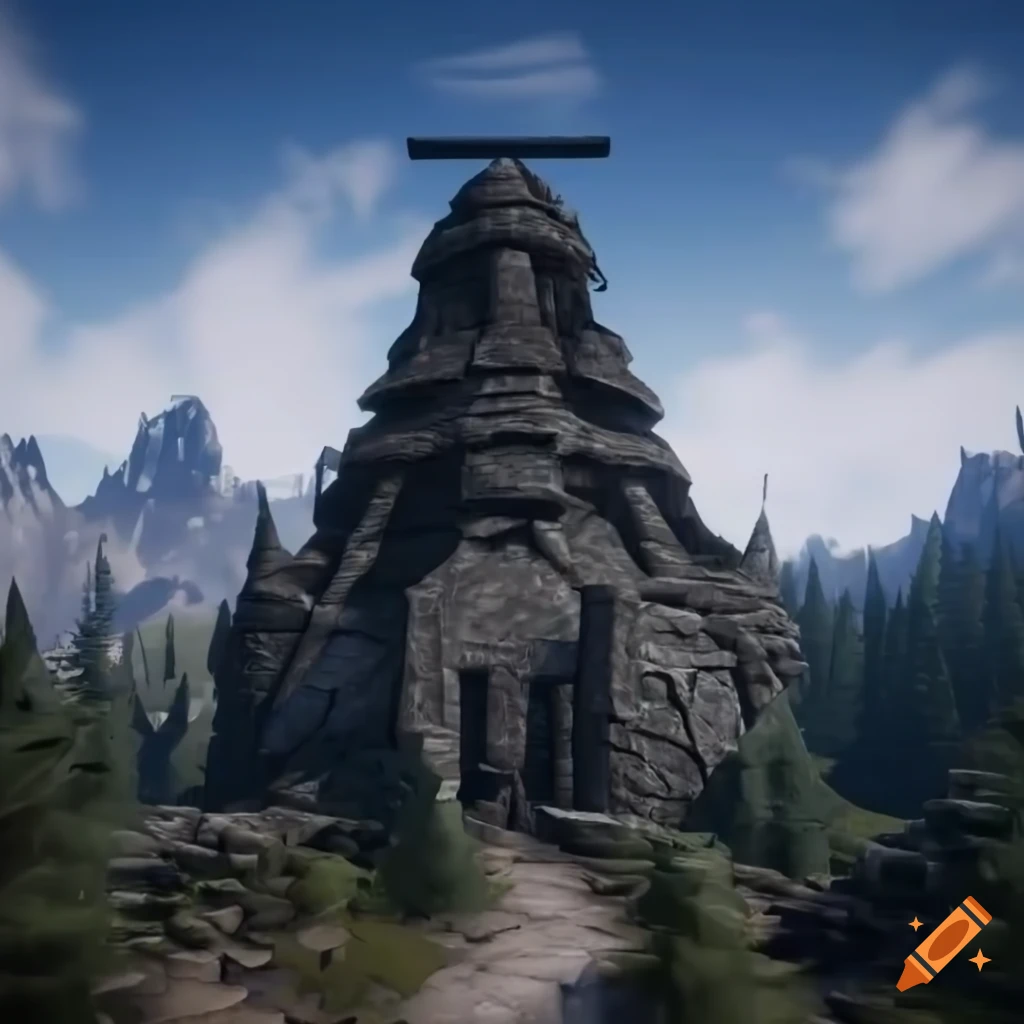 Unreal engine 5 sci-fi etruscan-viking rock temple with houses, taiga ...