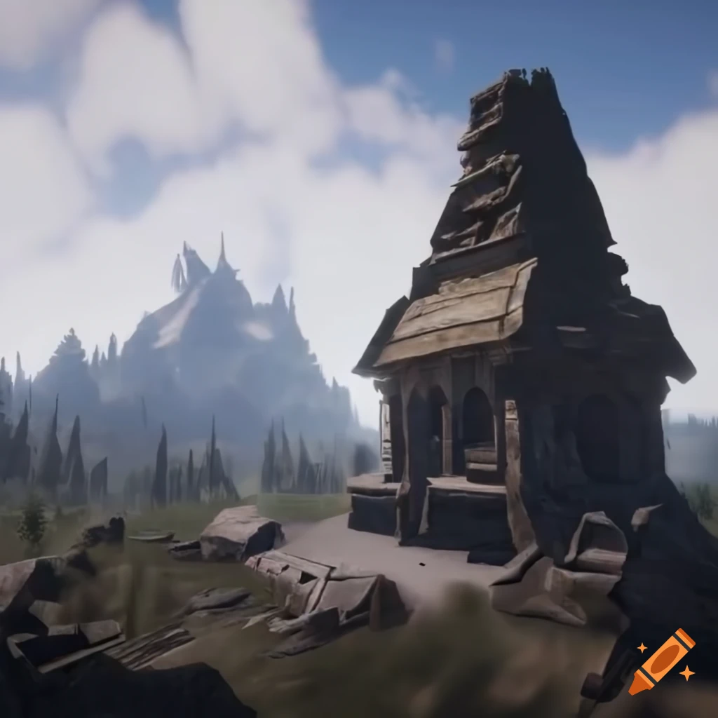 Unreal engine 5 sci-fi etruscan-viking rock temple with houses, taiga ...
