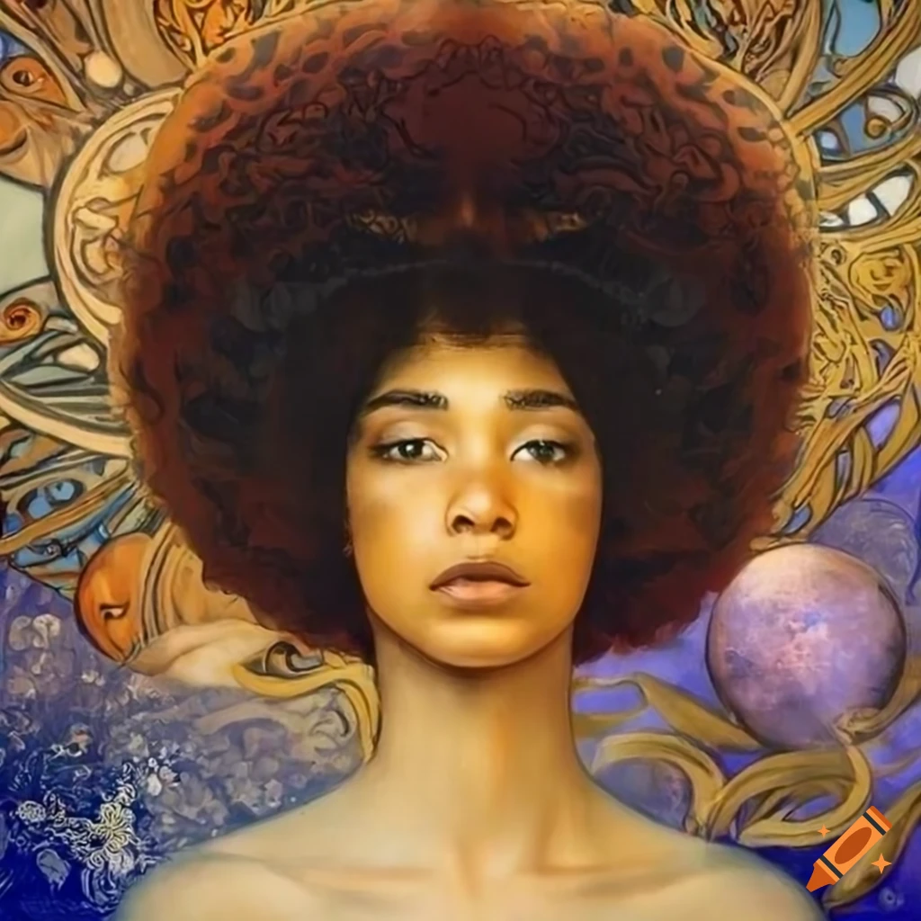 Plain portrait,afro person, textured abstract hair, Surreal planets ...