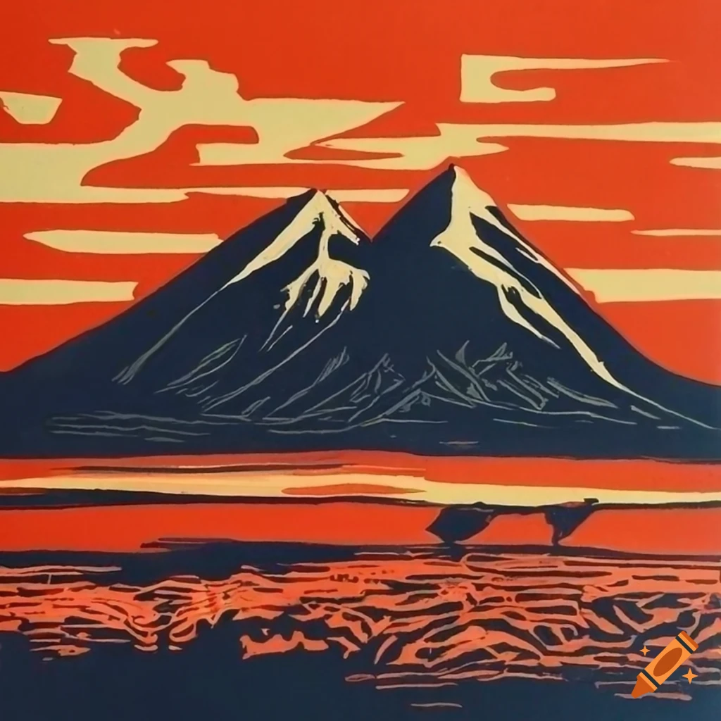 A lino cut print of the bannau sir gar mountains on Craiyon