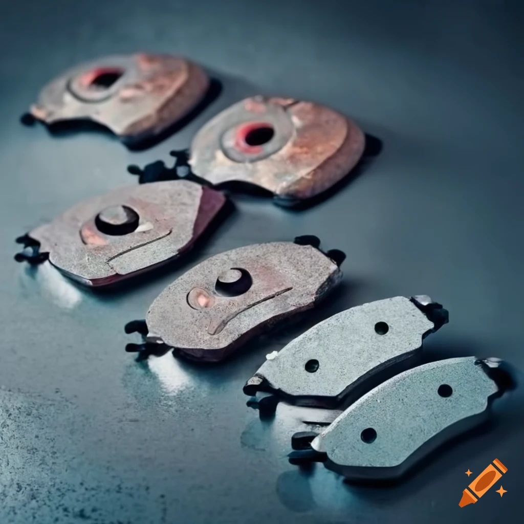 Various automotive brake pads neatly arranged on a steel table on Craiyon
