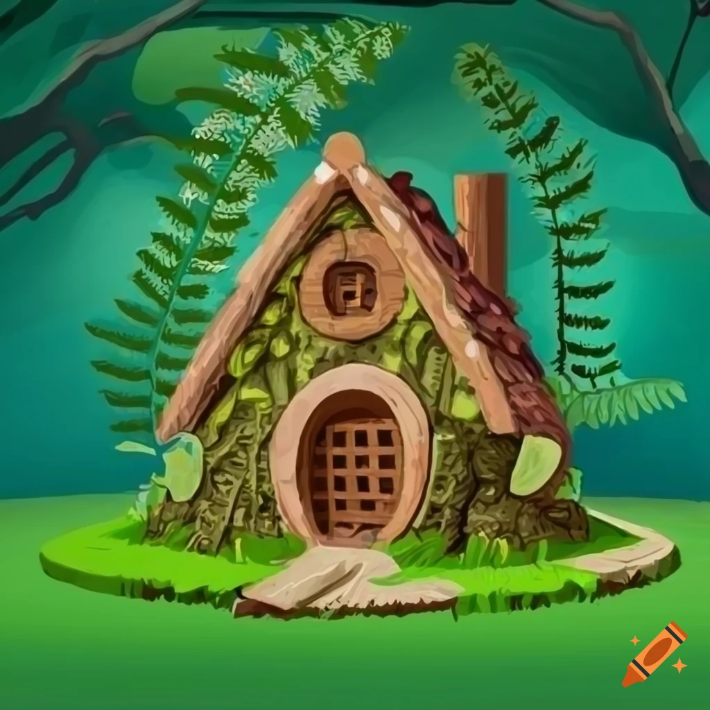 A cartoon image of a dwarf house made of fern and moss of bark has a ...