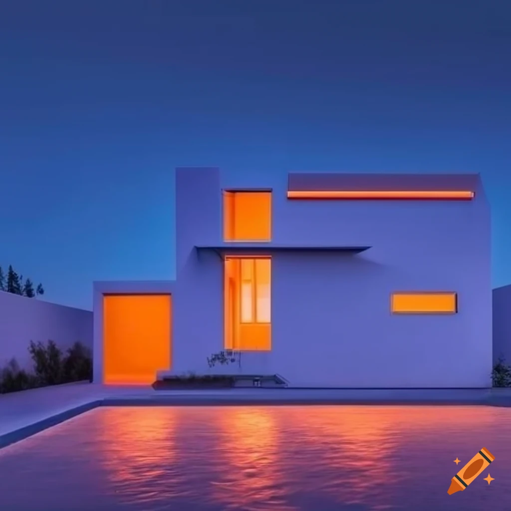 Striking minimalist architecture with vibrant orange and blue lights on ...