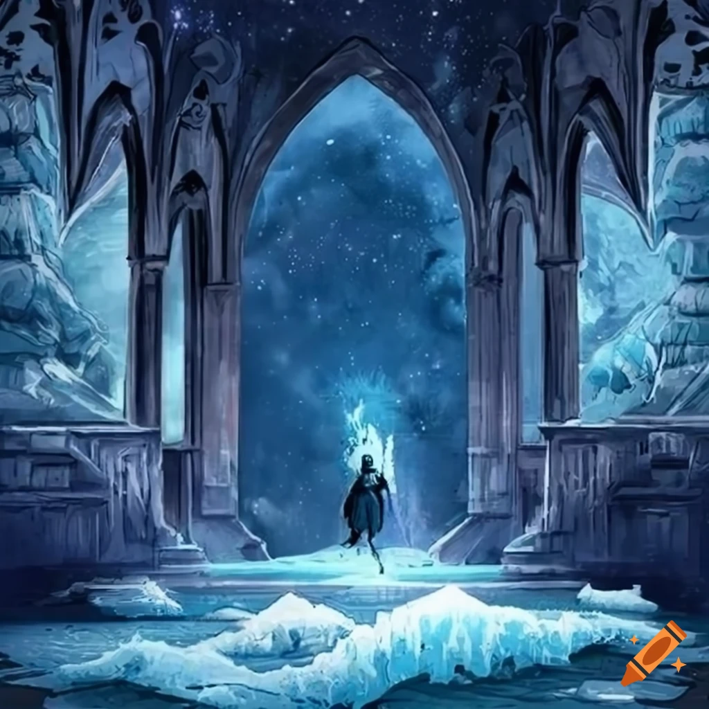 Manga-style artwork of frozen ruins on an icy planet with a starry sky ...