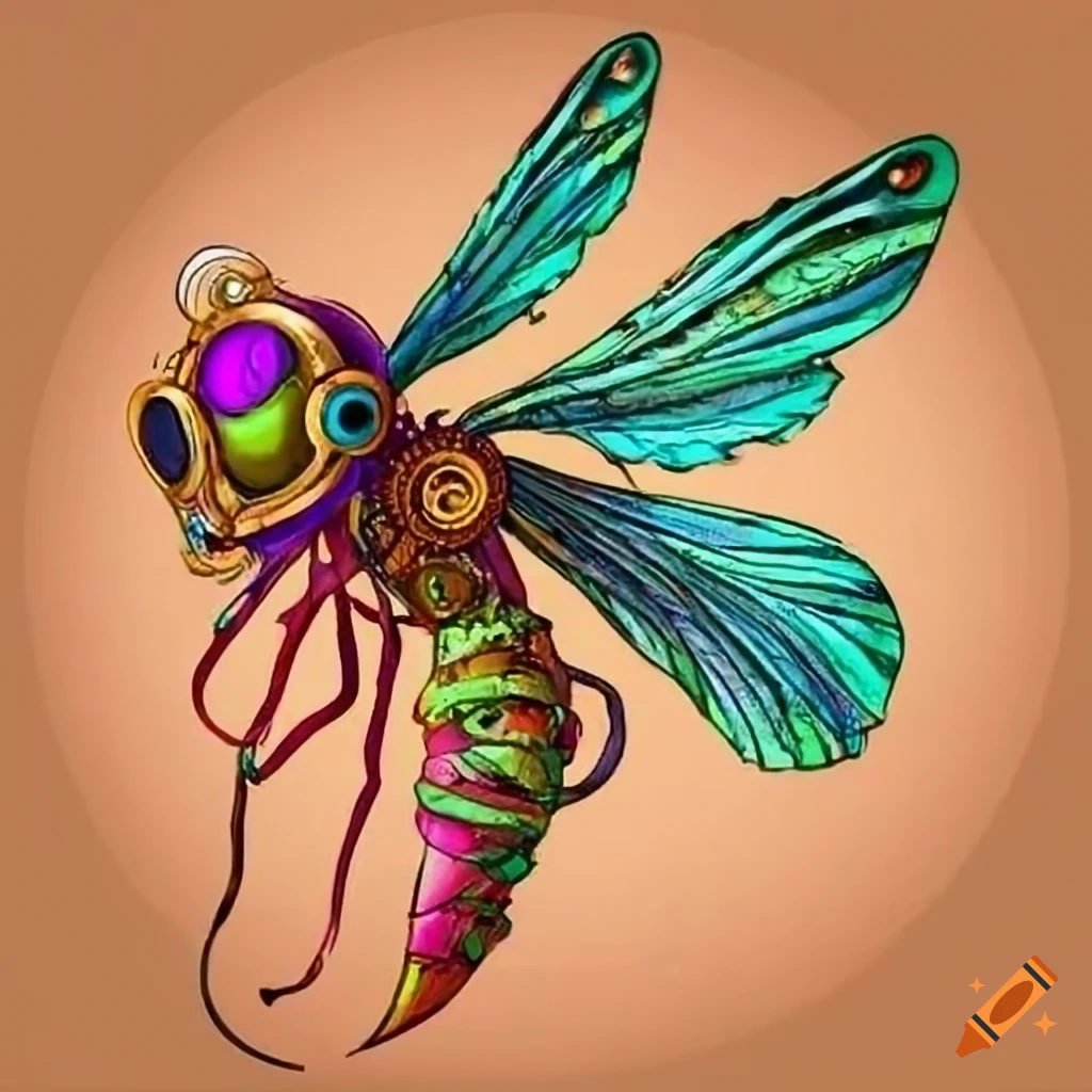 A steampunk-style anthropomorphic fly with mechanical wings and goggles ...