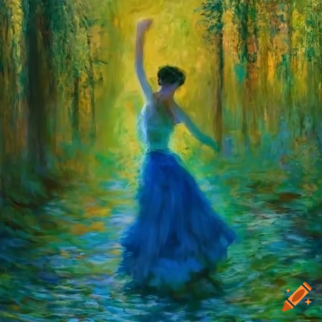 Woman dancing alone in long skirt in the forest with soft moss, monet