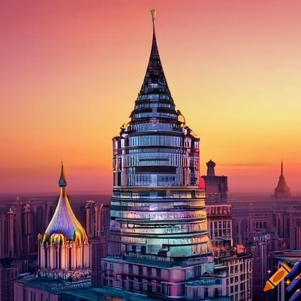 A stunning cityscape merging futuristic and Russian architectural ...