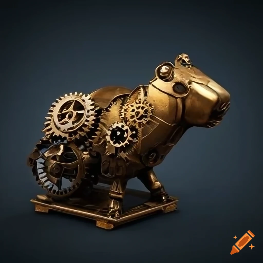 Steampunk mechanical capybara made of bronze-copper colored metallic ...