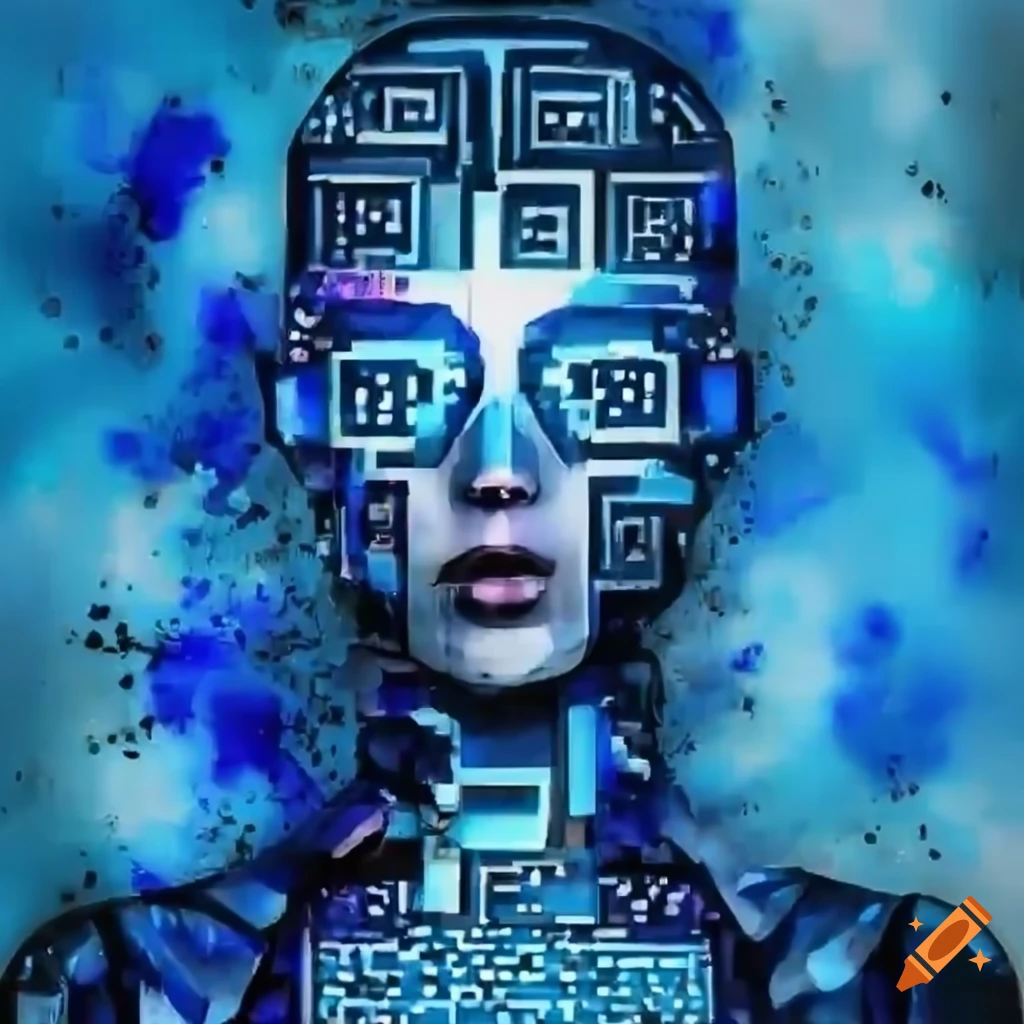 Blue qr code with futuristic humanoid ai elements on Craiyon