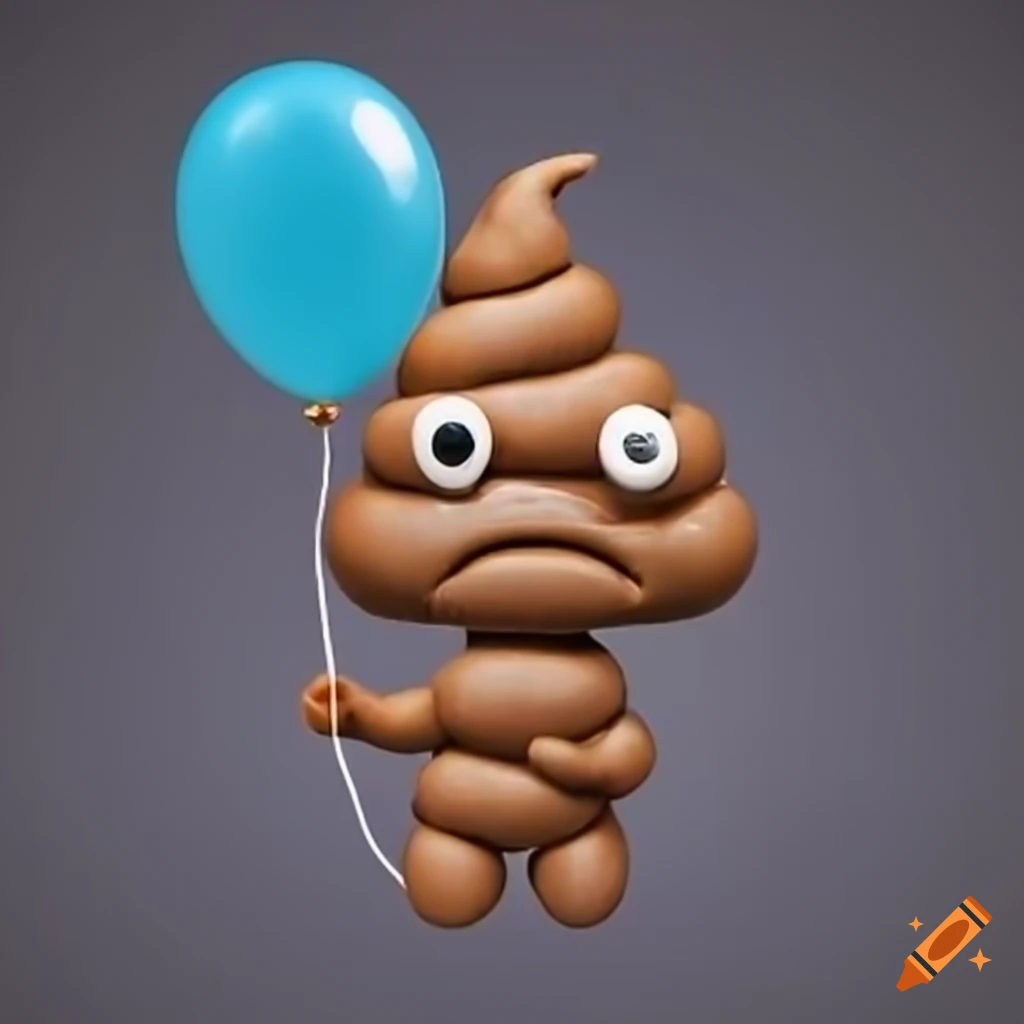 A brown sad poop holding a blue party balloon on Craiyon
